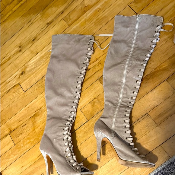 Yoki | Shoes | Elegant Champagne Velvet Laceup Kneehigh Boots | Poshmark